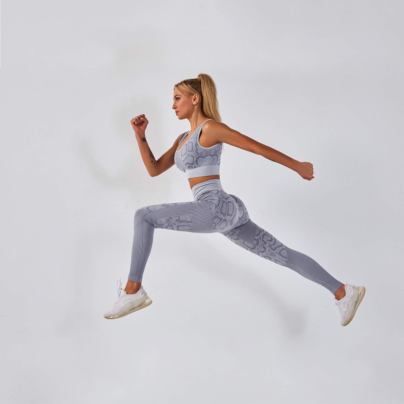 Hotexy Women Workout Set Active 2 Pieces Snake Print High Waisted Leggings with Paded Sports Bra Crop Top Deep Blue