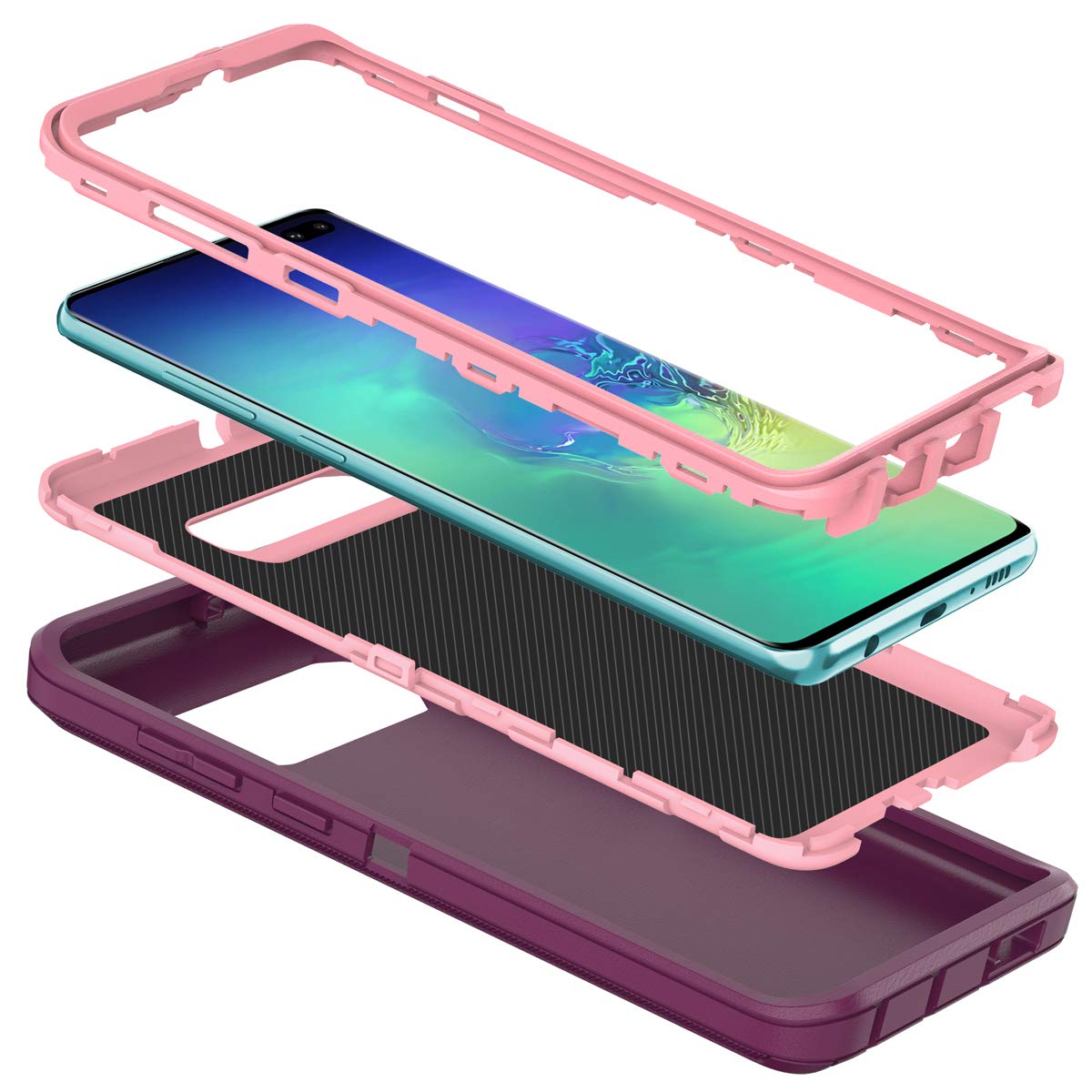 I-HONVA for Galaxy S10 Plus Case Shockproof Dust/Drop Proof 3-Layer Full Body Protection [Without Screen Protector] Rugged Heavy Duty Cover Case for Samsung Galaxy S10 Plus,Purple/Pink