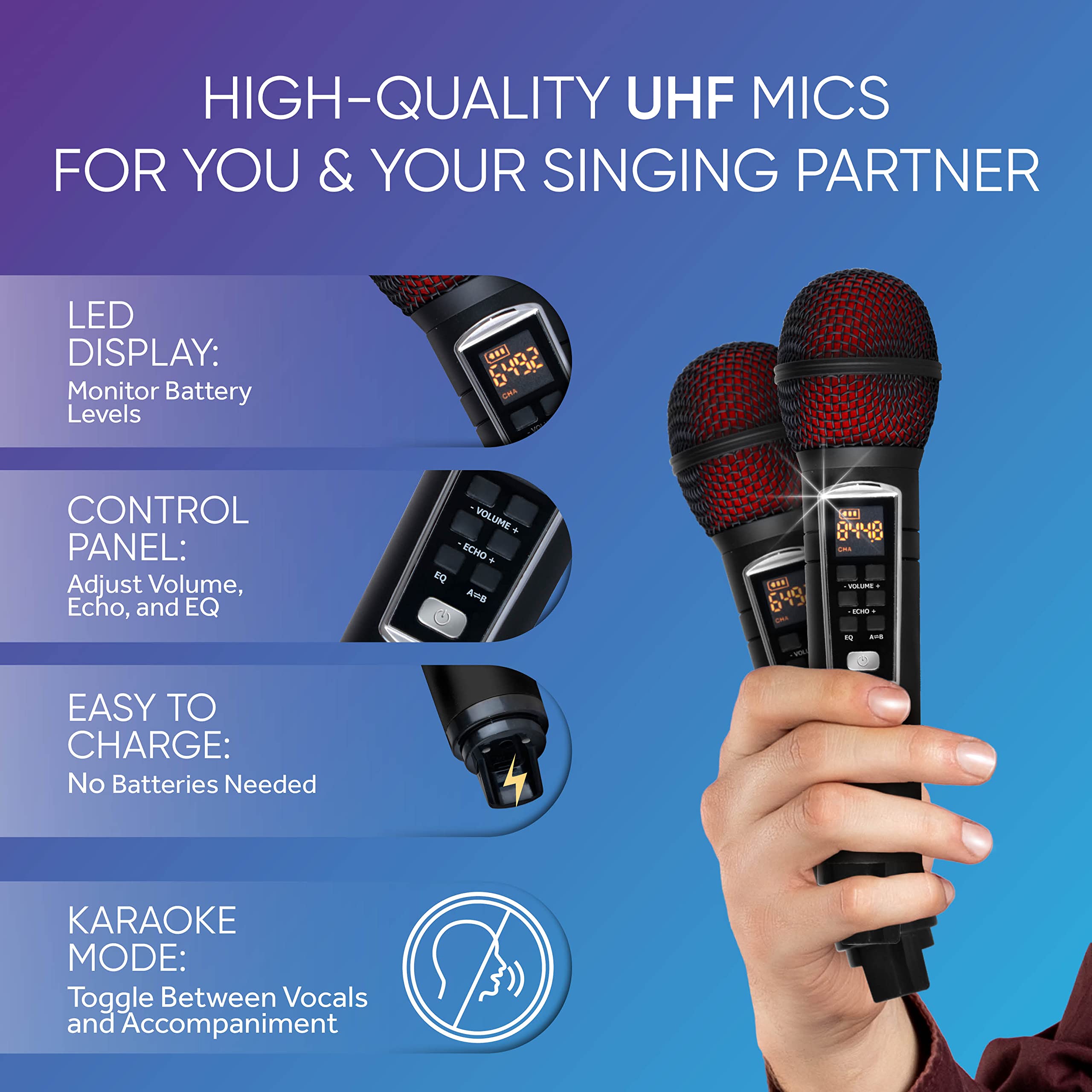 MASINGO Karaoke Machine for Adults and Kids, Wireless Microphones, Portable Bluetooth Singing Speaker, Lyrics Display Holder & TV Cable, Black