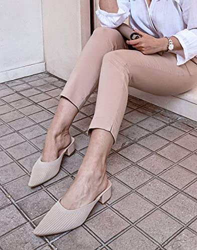 TIJN Pointed Toe Mules for Women Chunky Sandals Low Heeled Sandals Breathable Mesh Knit Slip on Flat Shoes(Helka) Cream