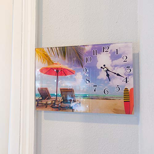 Wall Clock Glass Beach Chairs Decorative 8" x12 Inch Beach Theme Perfect Decor for Kitchen Bathroom Office Battery Operated Clocks Great Nautical Theme for Bedroom Ocean Decoration Ticking Tropical