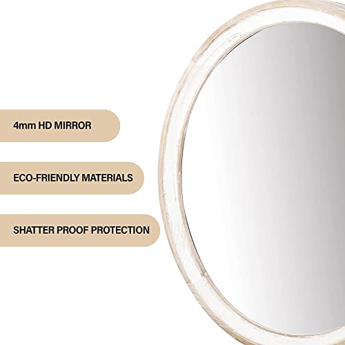 Reflinto Rustic Round Mirror 24", Hanging Wall Decorative Mirror Distressed Natural Wooden Farmhouse Frame with White Wash Edge for Bedroom, Bathroom, Living Room or Entryway