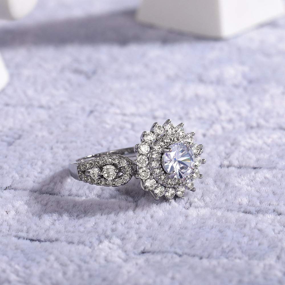 GUIDECUN Fashion Round Cut CZ Cubic Zirconia Pavé Modern Simulated Diamond Halo Ring Shining Wedding Party Statement Ring (US Size 10)