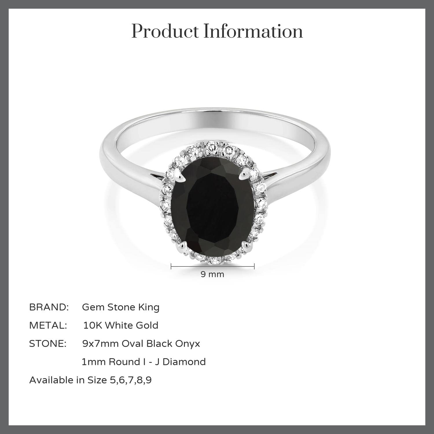 Gem Stone King 10K White Gold Black Onyx and Diamond Halo Engagement Ring | 2.14 Cttw | Oval 9X7MM | Gemstone Birthstone | Wedding Anniversary Promise Ring For Women (Size 8)