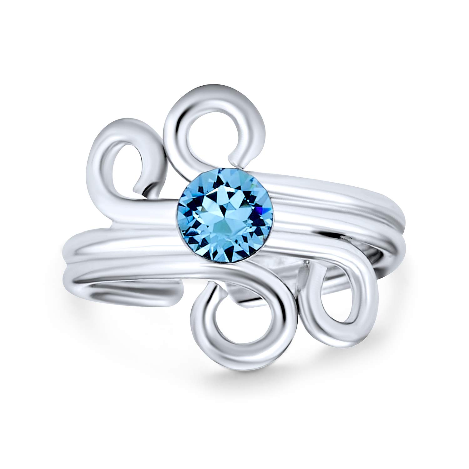 Geometric Boho Mid Finger Blue Crystal Bead Ball Split Band Midi Toe Ring For Women Teen Polished .925 Silver Sterling Adjustable Customizable