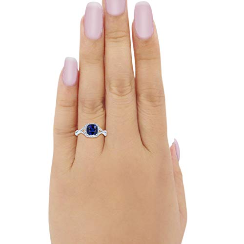 Halo Infinity Shank Engagement Ring Cushion Simulated Blue Sapphire Round Cubic Zirconia 925 Sterling Silver, Size-9