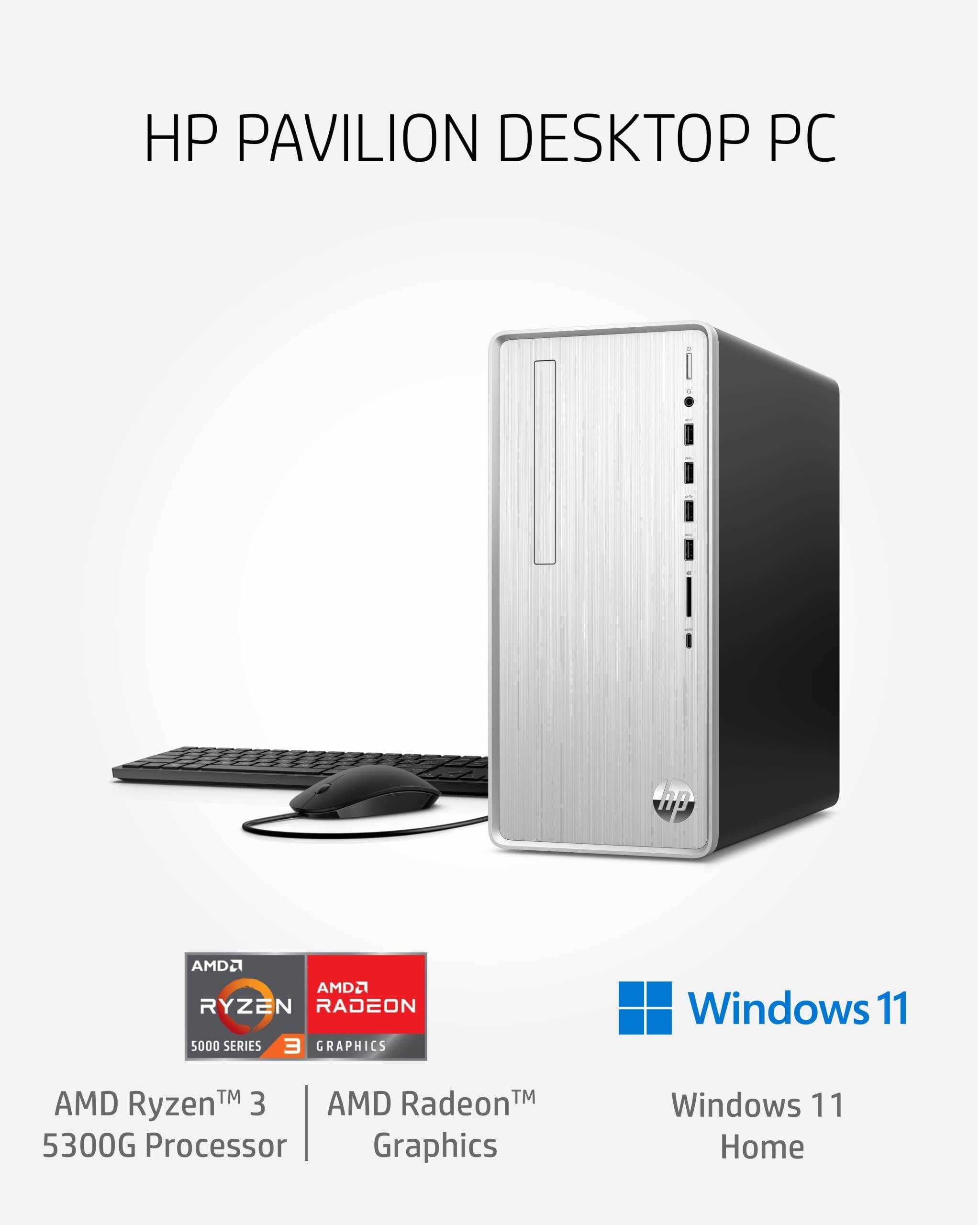 HP 2023 Newest Pavilion Desktop PC, AMD Ryzen 3 5300G Processor (up to 4.2GHz), 8GB RAM, 256GB SSD, 1TB HDD, AMD Radeon Graphics, Wired Mouse and Keyboard, USB Type-A&C, Wi-Fi, Bluetooth, Windows 11