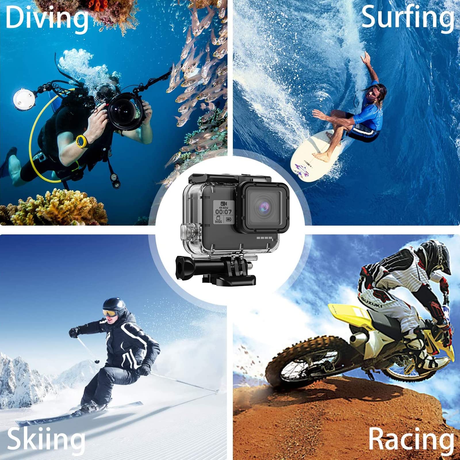 HONGDAK Waterproof Housing Case for GoPro Hero 4/3/3+, 60M/196FT Underwater Protective Dive Housing Shell with Bracket Mount Accessories for GoPro Hero4, Hero3+, Hero3 Action Camera Outside Sports