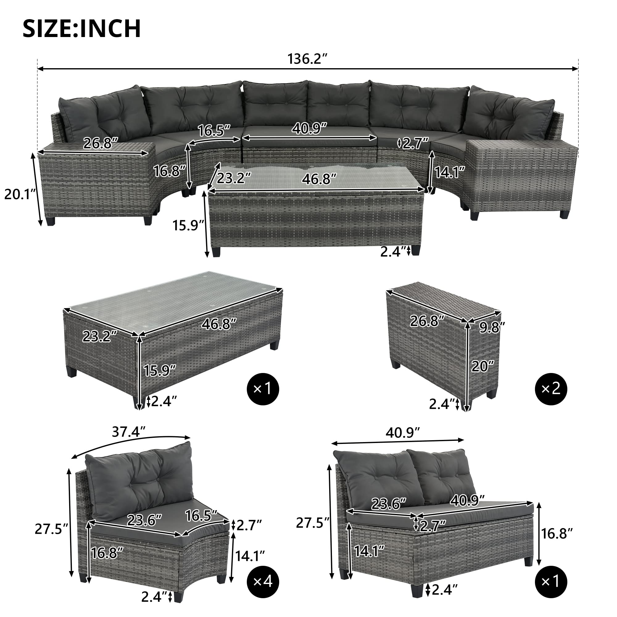 GODAFA 8-Pieces Outdoor Wicker Round Patio Furniture Set,Half-Moon Sectional Sofa with Rectangular Coffee Table,PE Rattan Water-Resistant,Movable Cushion, OneSize, Gray