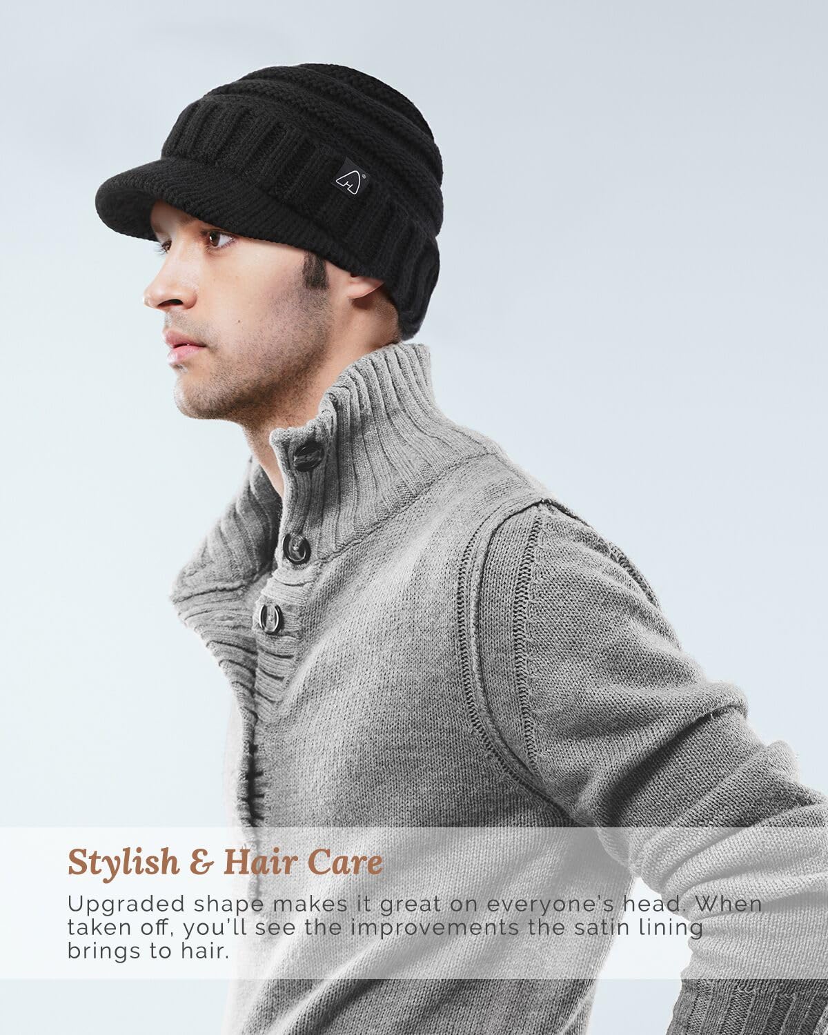 Hat Hut Beanie Hat for Women Men Satin Lined Beanie for Women Satin Lined Winter Hat Slouchy hat with Visor Brim (Black)
