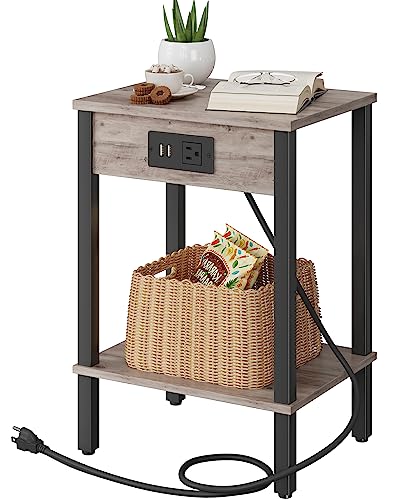 VIMBER Beside Table with Charging Station, Narrow Side Table with USB Ports and Outlets, Nightstands with 2-Tier Storage Shelves, End Table for Small Space Living Room Bedroom, Greige
