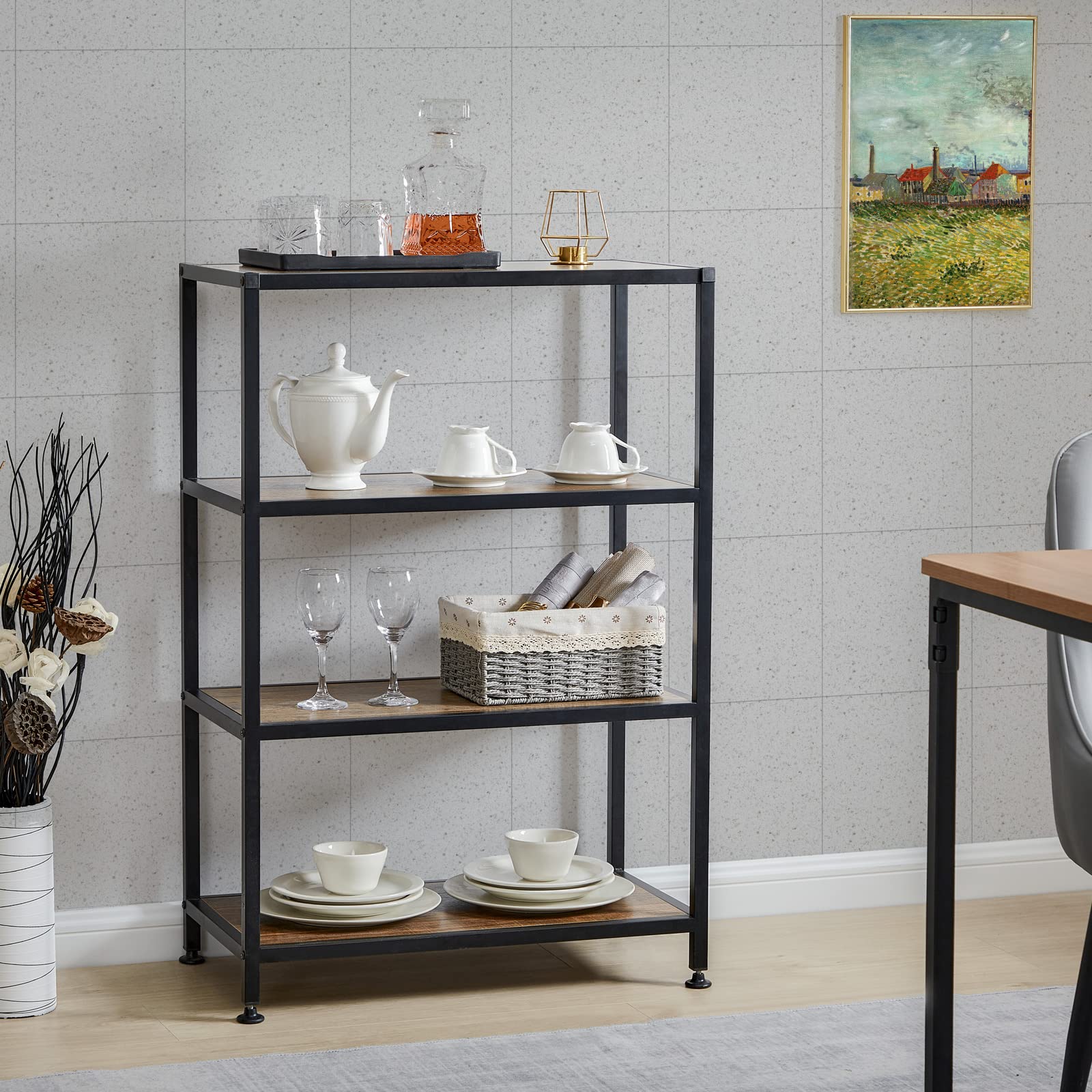 GreenForest Industrial Bookshelf 4 Tier Rustic Bookcase Metal Frame for Home and Office, Walnut