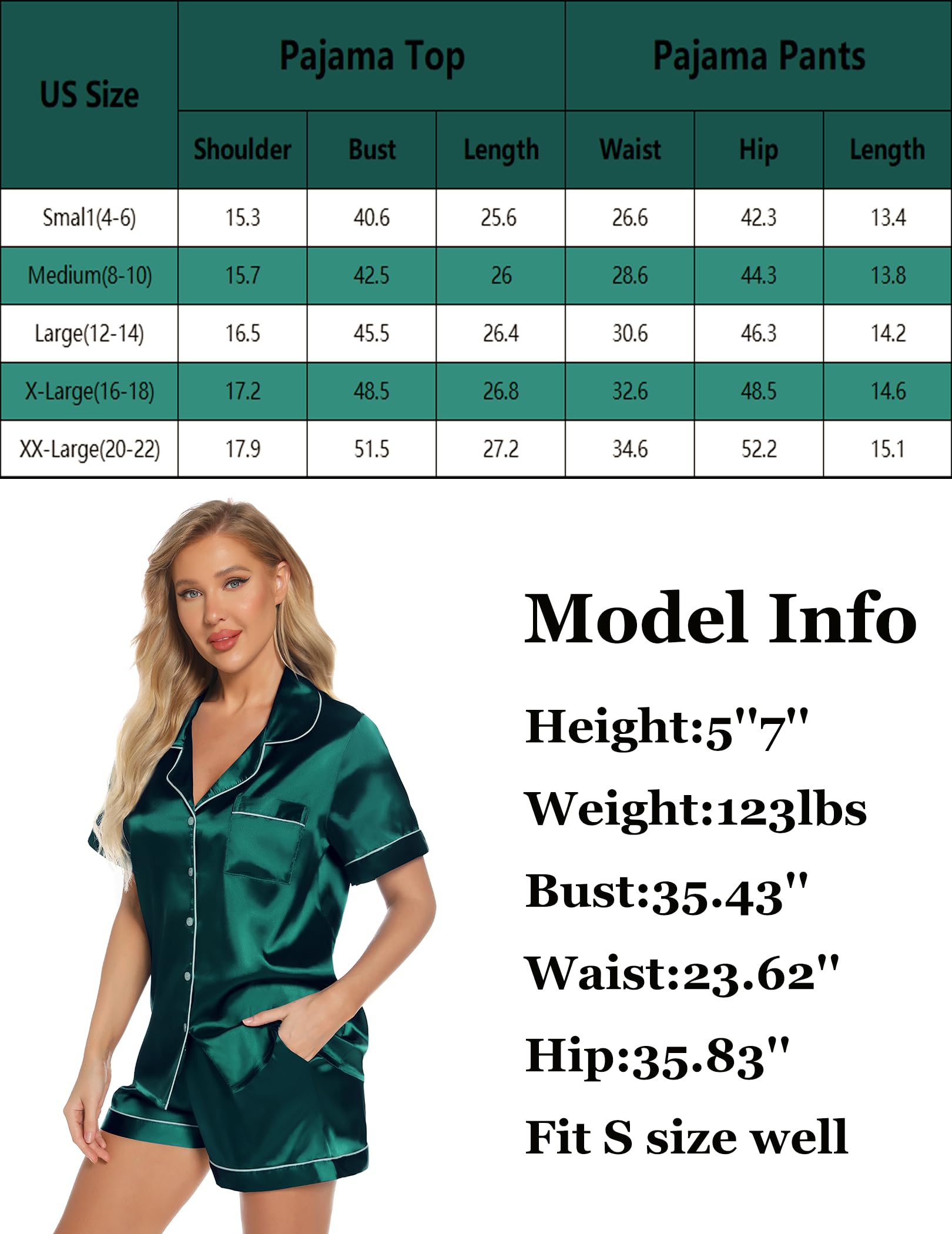 Gepansis Womens Summer Pajamas Sets Silky Satin Pj Set Button Down Short Sleeve Sleepwear Sets Dark Green X-Large