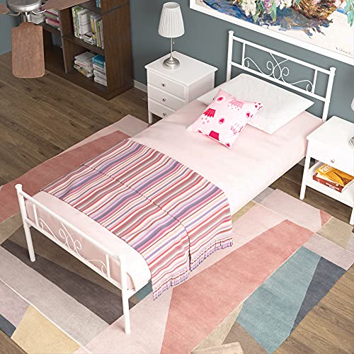 Weehom 12.7 Inch Twin Size Metal Bed Frame with Headboard Platform Bed Steel Slat Support Mattress Foundation Easy Assembly White