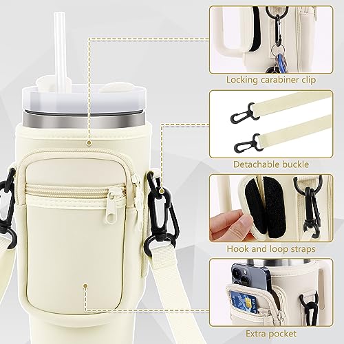 UQM Water Bottle Carrier Bag for Stanley 40 Oz Tumbler with Handle, Water Bottle Holder with Adjustable Shoulder Strap, Stanley Cup Accessories for Hiking Travelling Camping (Cream)
