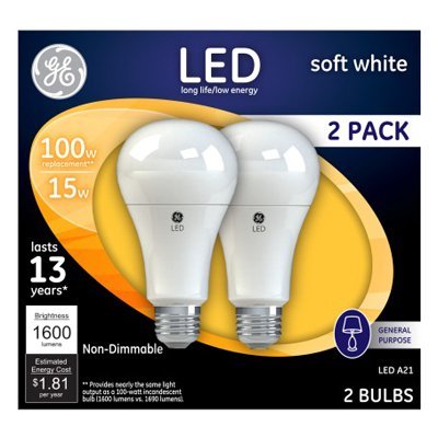 General Electric 65745 WHT A21 15W LED Light Bulb, 2 Count (Pack of 1), Soft White