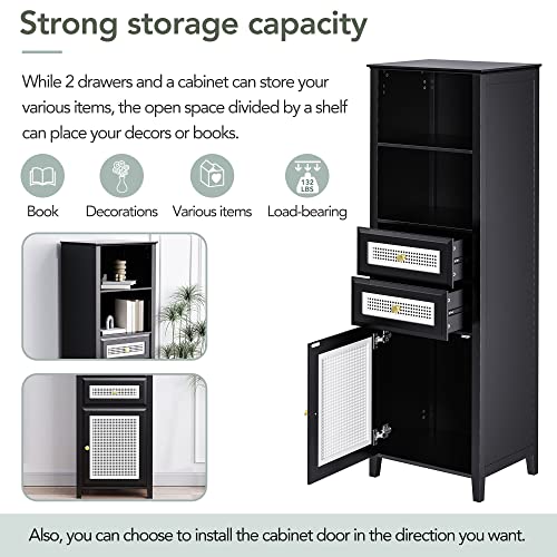 OPTOUGH Boho Style Slim Tall Storage Narrow Bathroom Corner Rattan Door Mid Century Modern Tower Freestanding Cabinet Organizer with Metal Handles for Kitchen, Living Room, Bedroom, Black