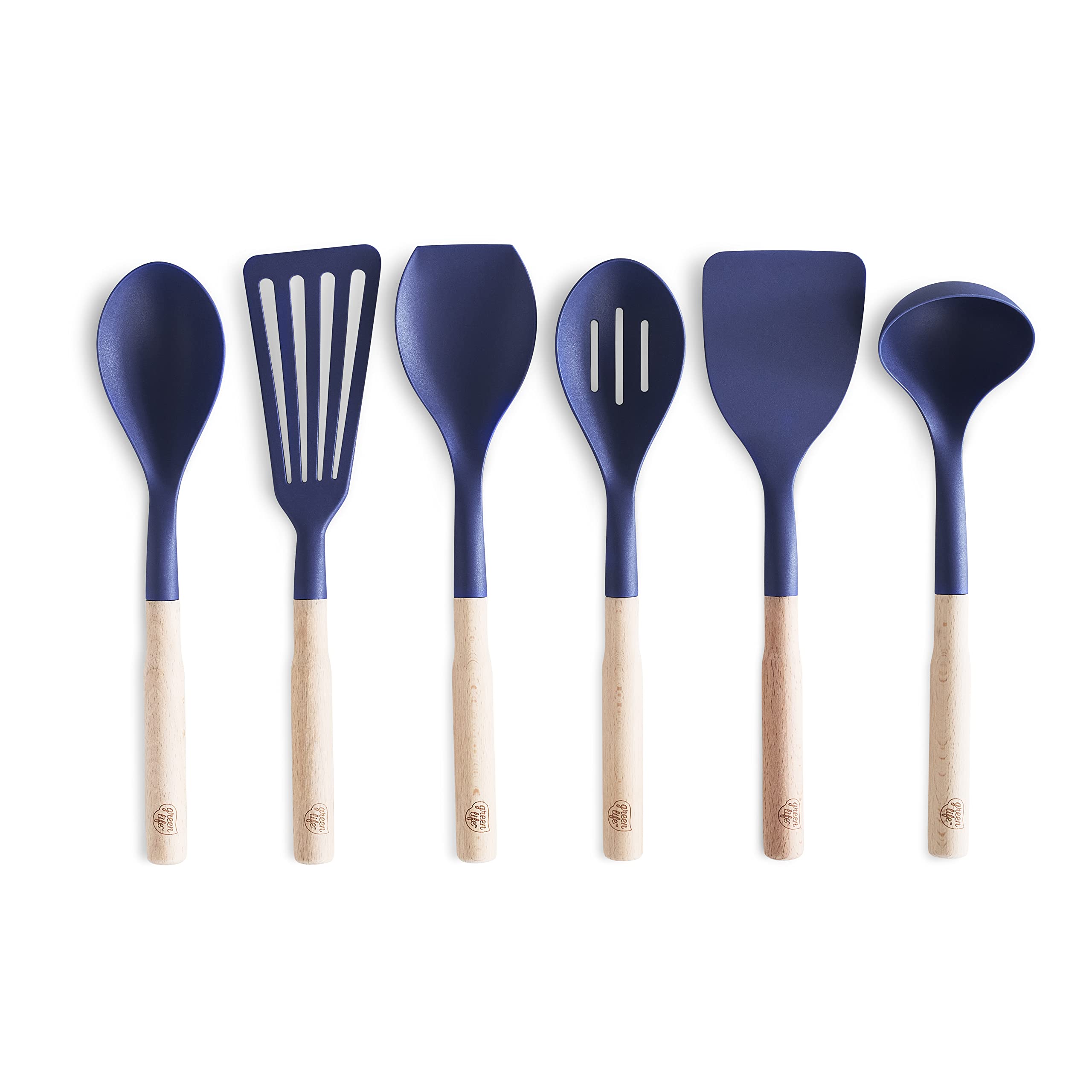 GreenLife Cooking Tools and Utensils, 7 Piece Nylon and Wood Kitchen Set with Ceramic Crock Holder, Heat Resistant Spatula and Spoons, BPA-Free, Black