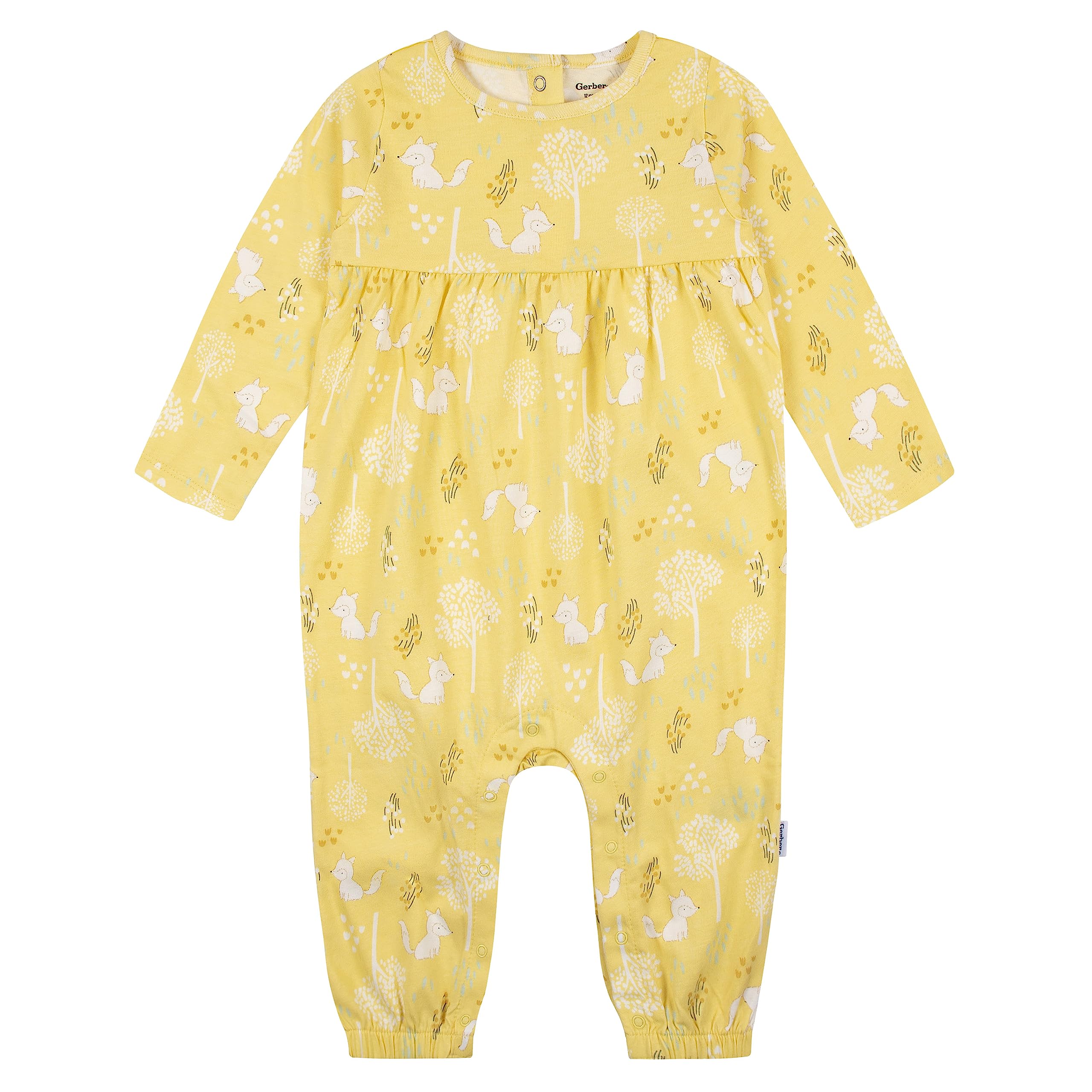 Gerber Baby Girls' 2-Pack Long Sleeve Jumpsuit, Green Yellow Fox, 6-9 Months
