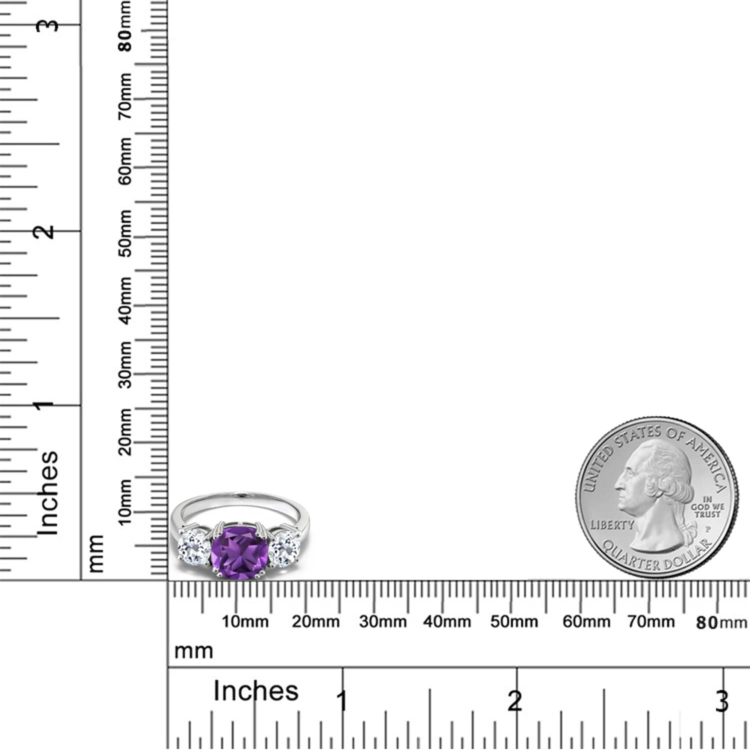 Gem Stone King 925 Sterling Silver Purple Amethyst and White Topaz 3 Stone Engagement Ring For Women (3.30 Cttw, Gemstone February Birthstone, Cushion 8MM, Size 9)