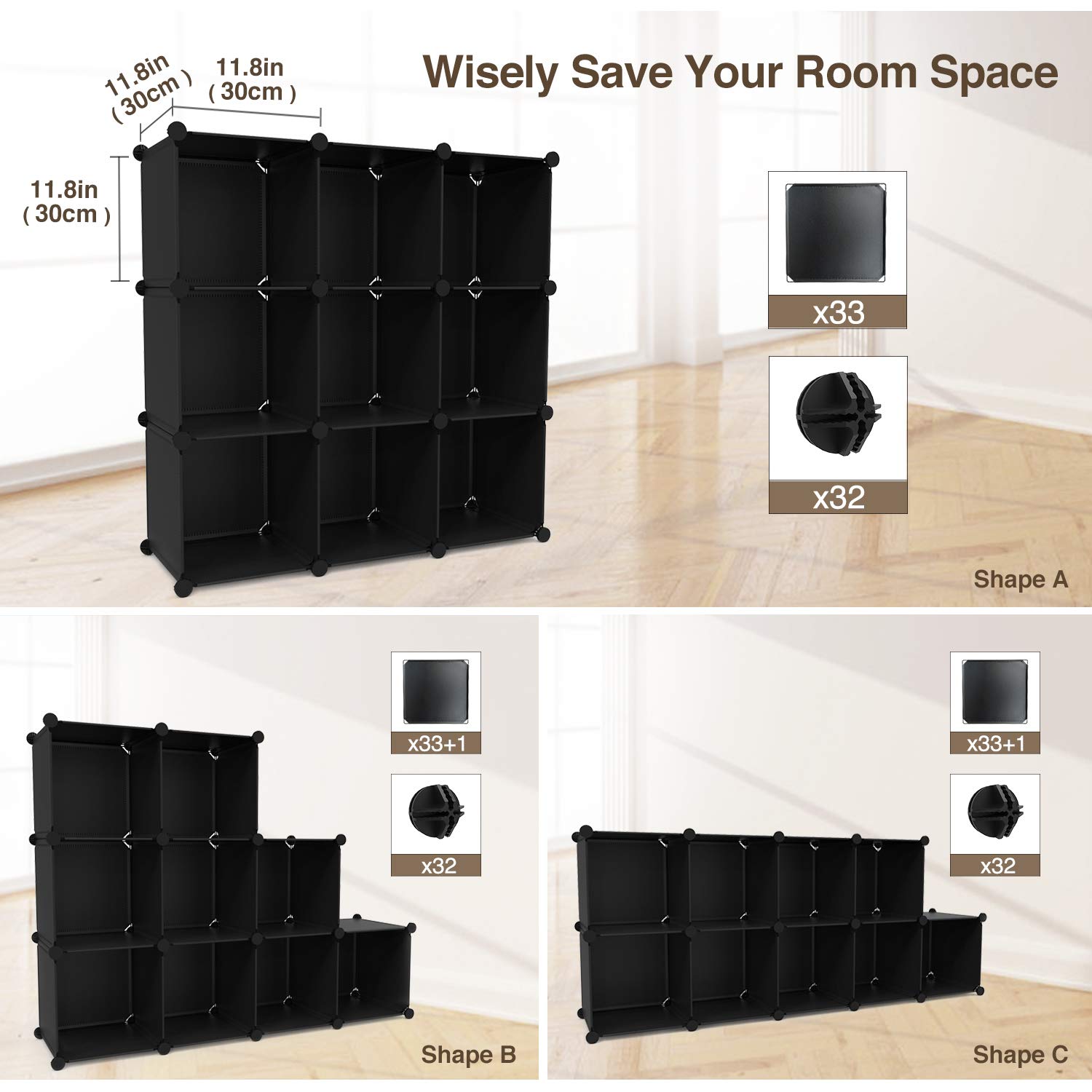 GREENSTELL Cube Storage Organizer, 9-Cube Closet Organizer, DIY Plastic Storage Cubes Organizer, Modular Storage Cabinet Book Shelf Shelving for Bedroom, Living Room, Office Black