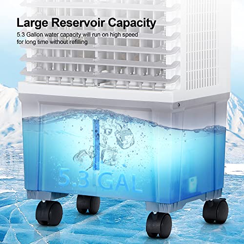 Uthfy Evaporative Air Cooler, Swamp Cooler with 5.3 Gallon Reservoir, 4 Ice Box, Remote, 12H Timer, 70°Oscillation Air Cooler Cooling Fan with 3 Speeds for Bedroom Home Office