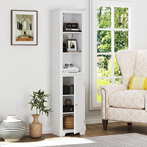 UTEX 64" Freestanding Storage Cabinet, Bathroom Tall Cabinet with Doors and Shelves, Free Standing Linen Tower, Home Storage Furniture,White