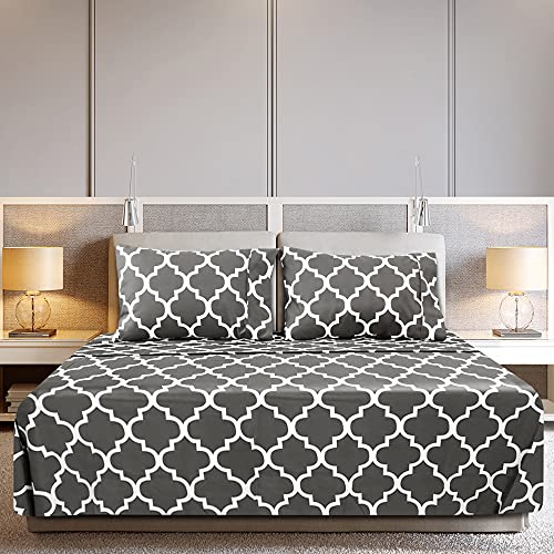 Utopia Bedding King Sheet Set, Soft Microfiber 4 Piece Bed Sheets with 16" Deep Pocket - Easy Care Brushed Microfiber (Quatrefoil - Grey)
