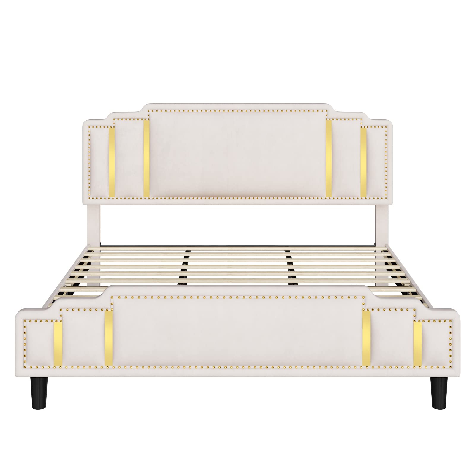 HIFIT Beige Queen Size Bed Frame and Height Adjustable Headboard, Mid-Century Modern Velvet Upholstered Platform Bed Frame with Golden Iron Slice & Nails, 43.9"-45.8" H
