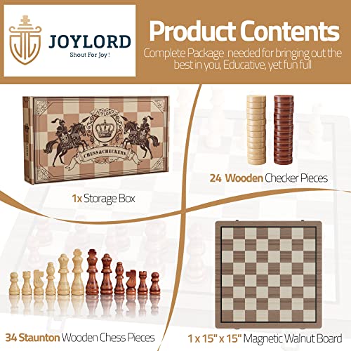 Joylord Wooden Chess and Checkers Game Set - 15" Magnetic Checkers and Chess Set - Felt Bottom, Inlaid Wood, Handcrafted Pieces, Veneer Inlay - Folding Chessboard, 2 Extra Queens