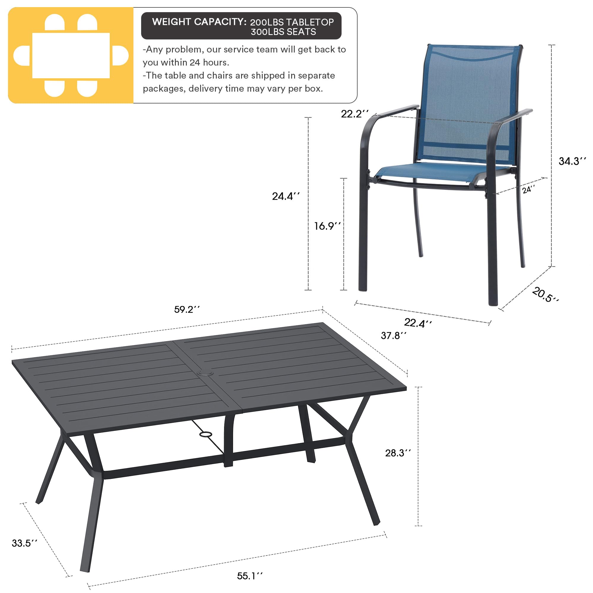 VICLLAX 5 Pieces Patio Dining Set, Outdoor Furniture Set Includes 1 Square Patio Table and 4 Stackable Patio Sling Chairs, Outdoor Table and Chairs for Outsides, Grey Wood-Like Table and Grey Chairs