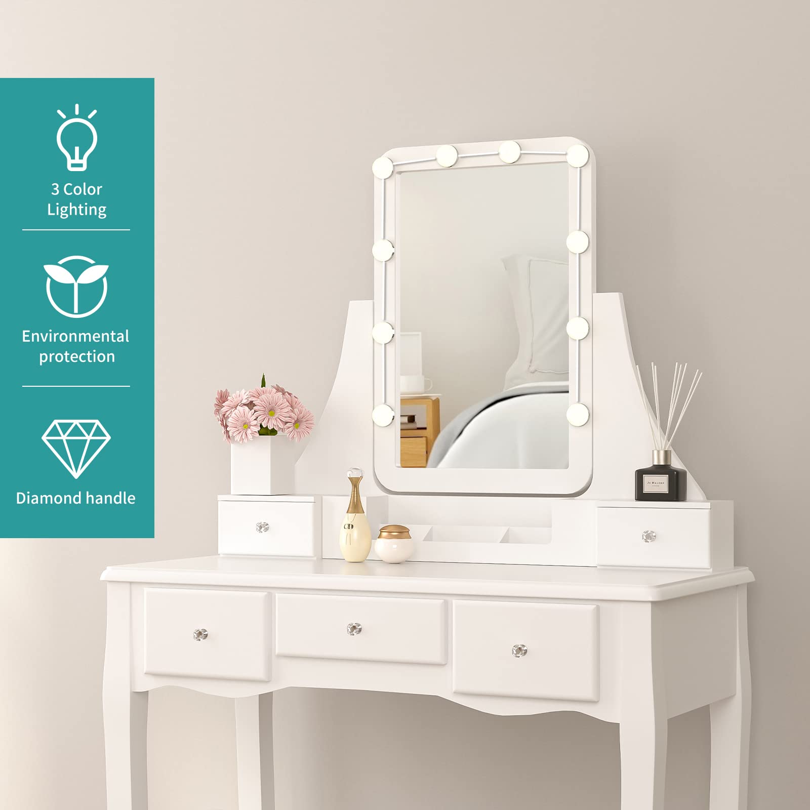 GinguoHome Vanity Set with Lighted Mirror Dimming, Makeup Vanity w/Touch Screen Switch,Dressing Table with Cushioned Stool&5 Drawers,3 Removable Dividers for Bedroom Vanity Desk White