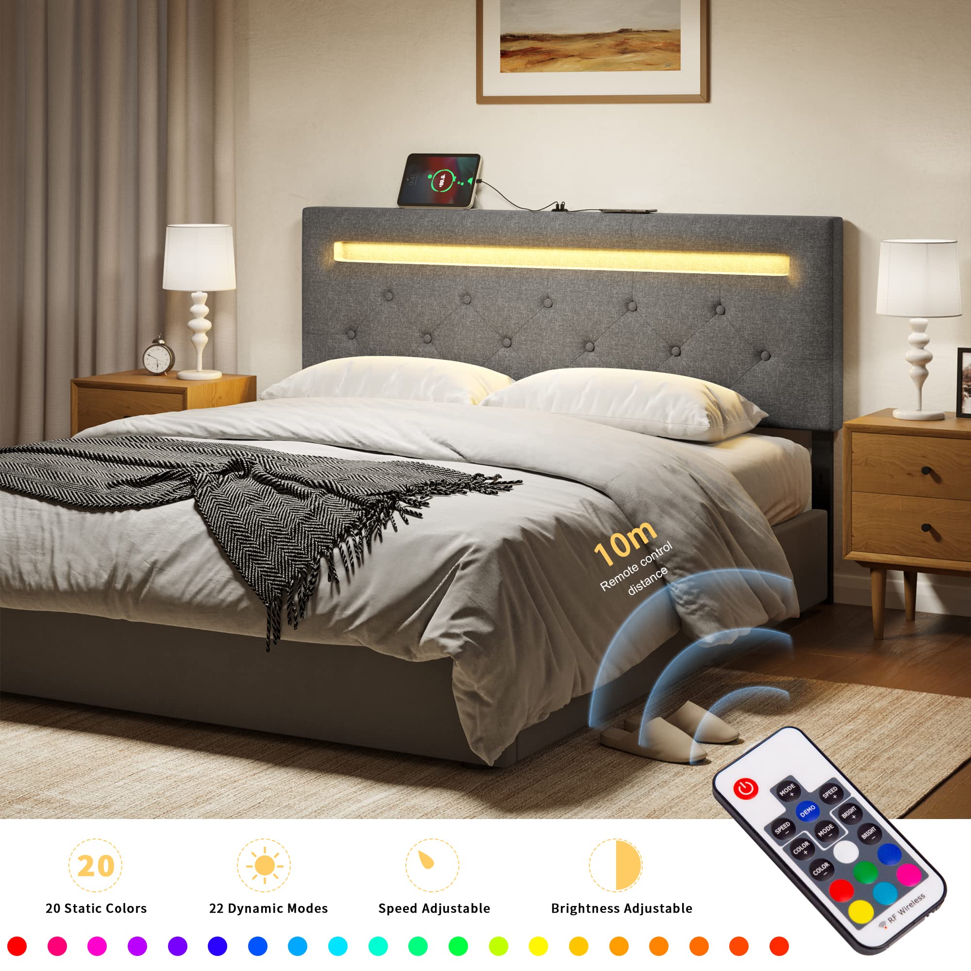 HAUSOURCE Headboards for Queen Size Bed with LED Light & USB Post Upholstered Queen Headboard with Adjustable Height Linen Fabric Padded Headboard for Queen Size Bed Mordern Head Board for Bedroom