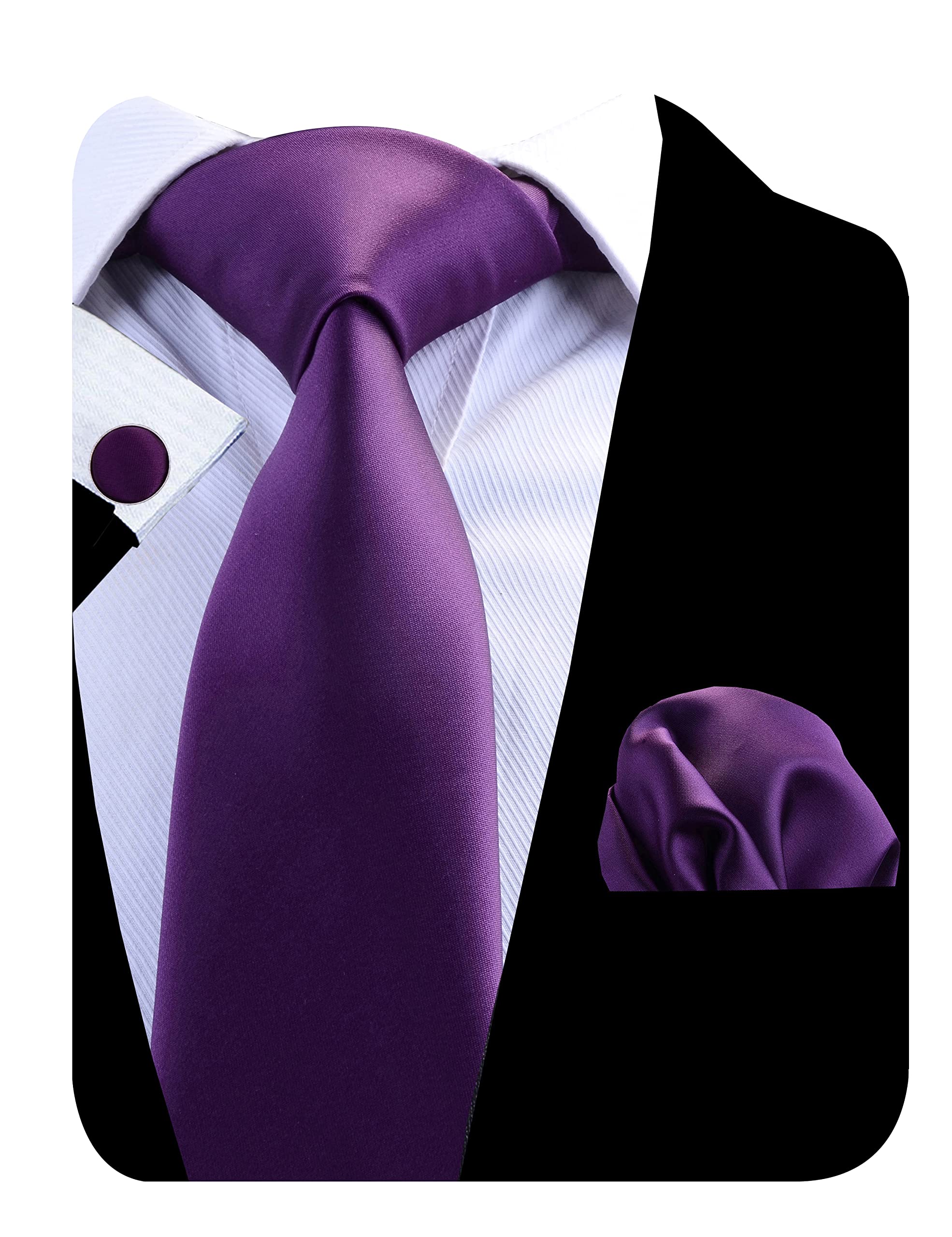 GUSLESON Plain Purple Tie For Wedding Necktie and Pocket Square Cufflinks Set (0785-02)