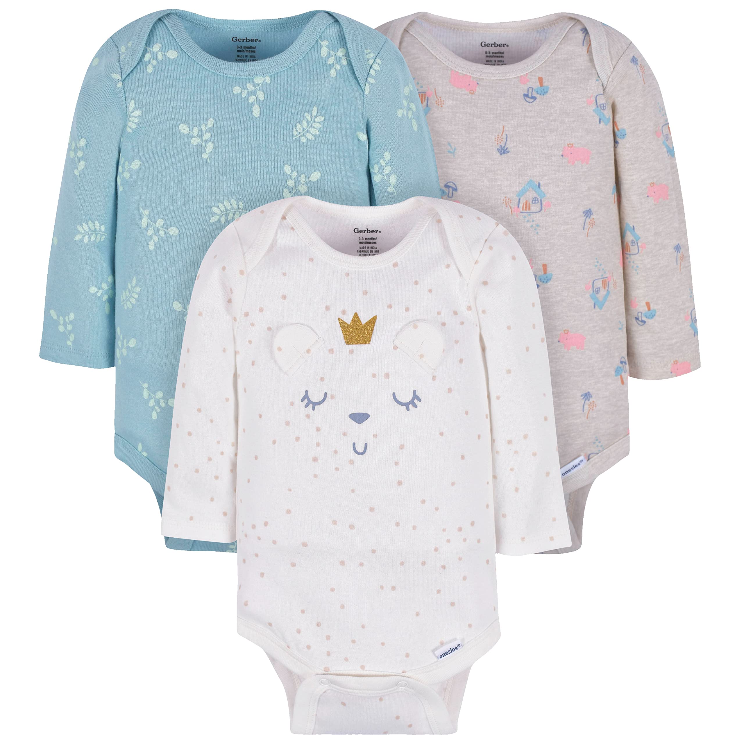 Gerber Baby Girl's 3-Pack Long-Sleeve Onesies Bodysuit, Bear Fairy White, 3-6 Months