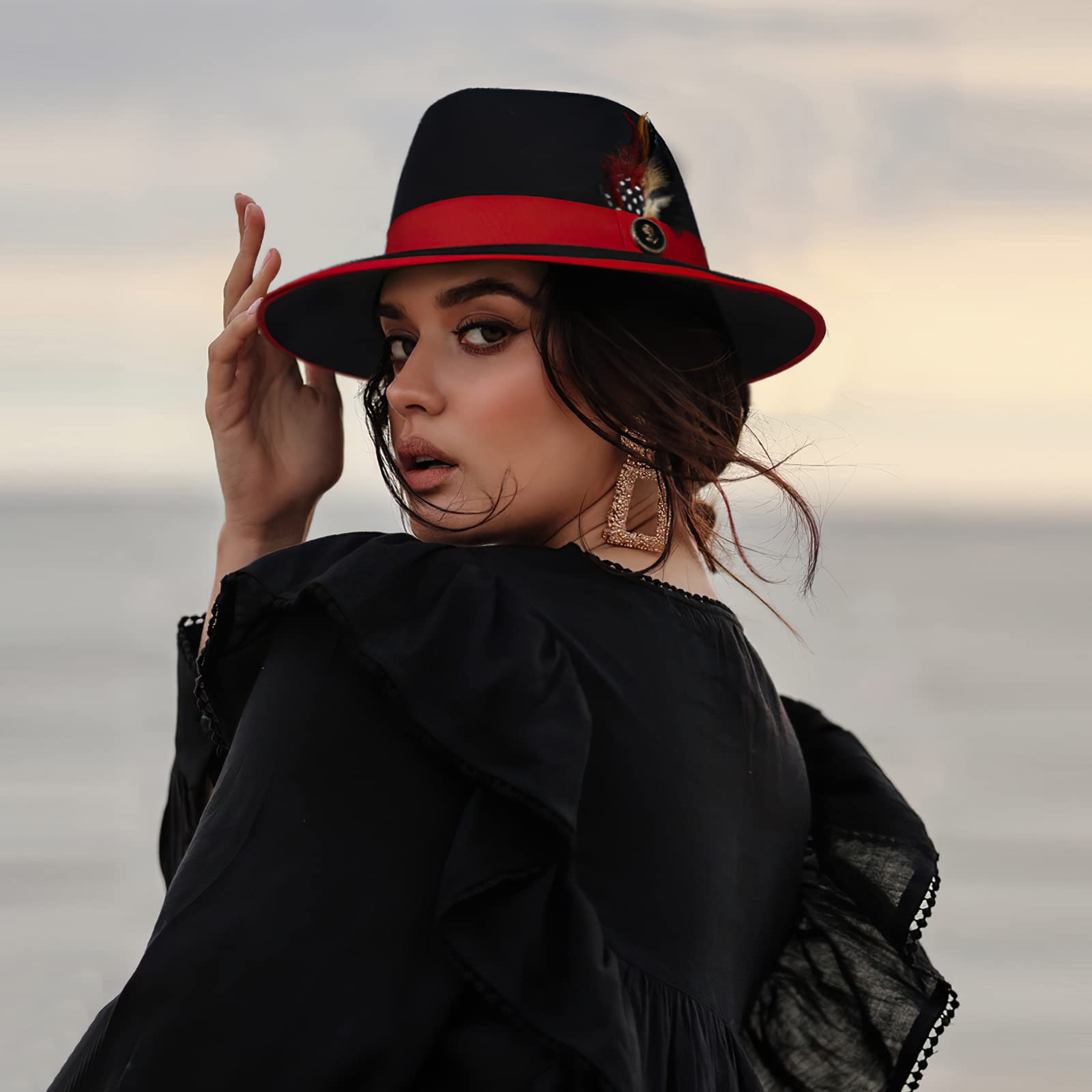 Kalerona Black Fedora Hat for Men & Women Red Trim with Band and Feathers and Decorative Buckle
