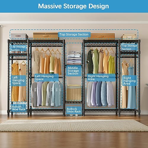 VIPEK V22S Garment Rack Heavy Duty Clothes Rack Large Portable Wardrobe Clothes Storage Organizer Closet with 6 Hang Rods & 8 Shelves - Extra Wide - 104.5" Lx16.5 Wx76.4 H, Max Load 1000lbs, Black