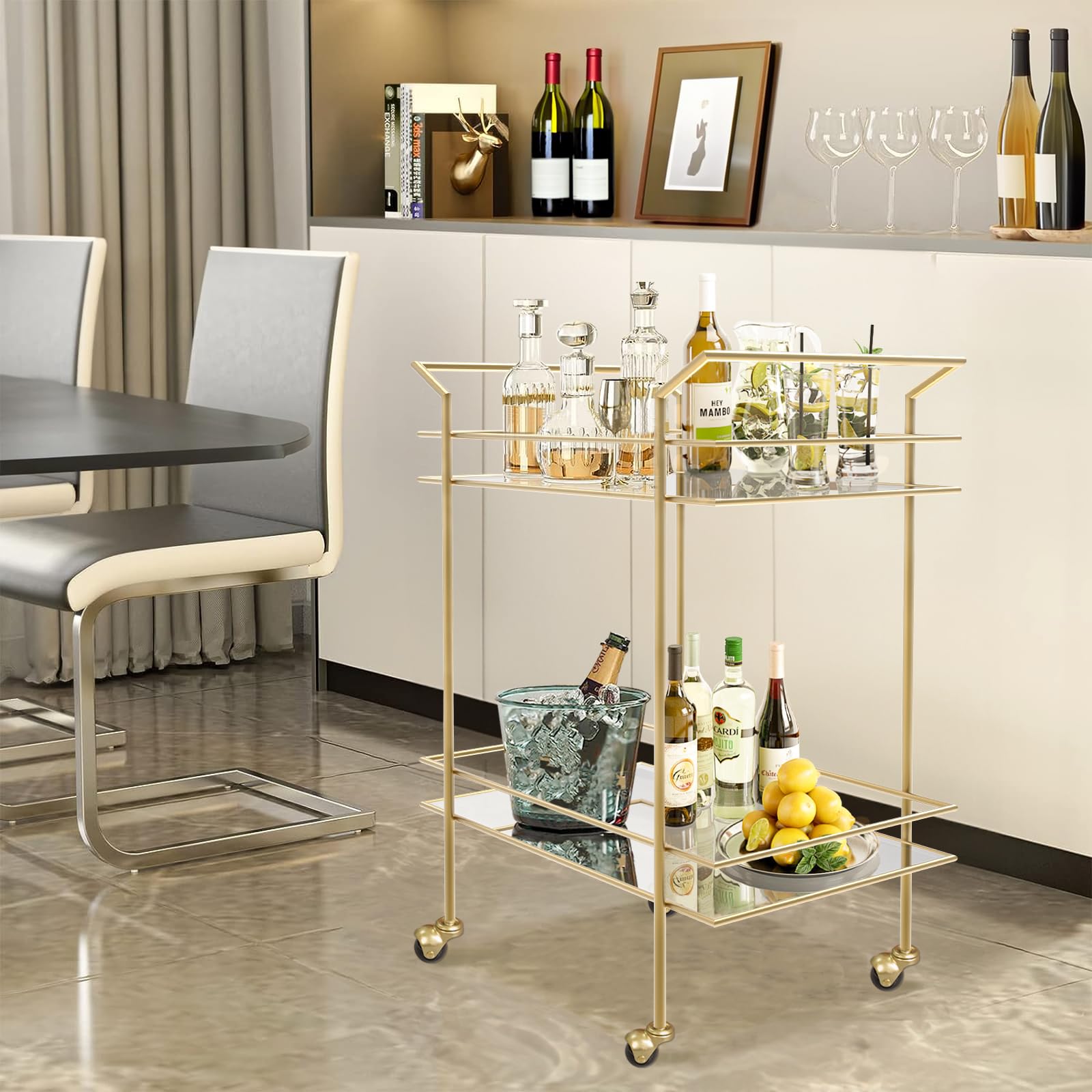 GIFTTROVE Gold Bar Cart for Home, 2 Tier Bar Serving Cart, Rectangular Rolling Bar Cart with 2 Mirrored Shelves, Wine Cart Stand for Kitchen, Living Room