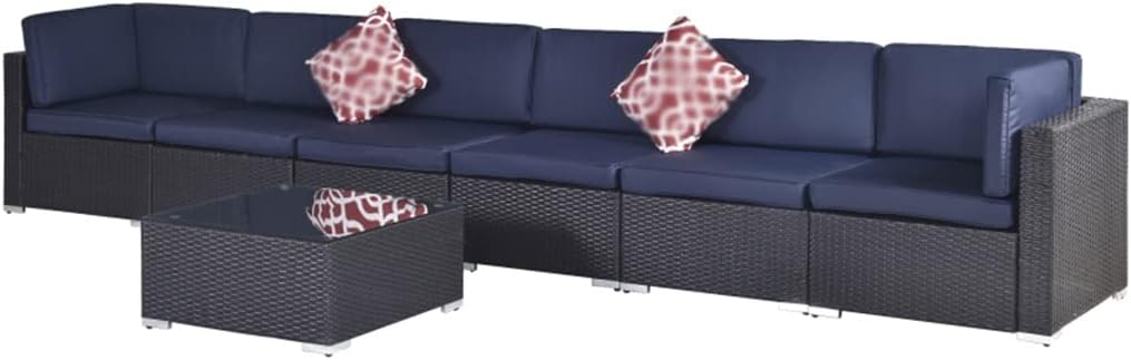 Garden Terrace Furniture 7-Piece PE Rattan Wicker Cuts Padded Sofa Sets with 2 Cushions and Coffee Table