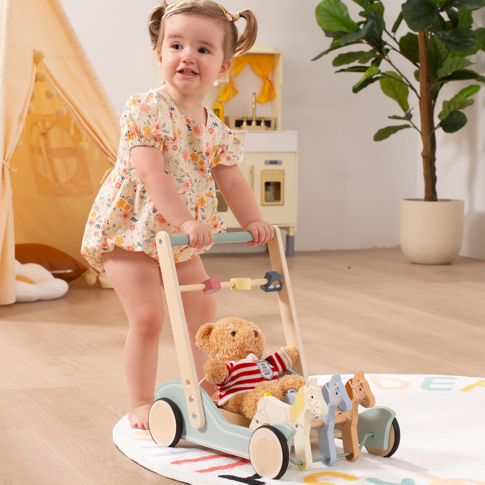 Giant bean Wooden Baby Walker for Boys Girls Ages 1+, Galloping Ponies Push and Pull Activity Walker Adjustable Speed, Baby Push Walker Gift for Toddler Kids Motor Skills & Stimulates Creativity