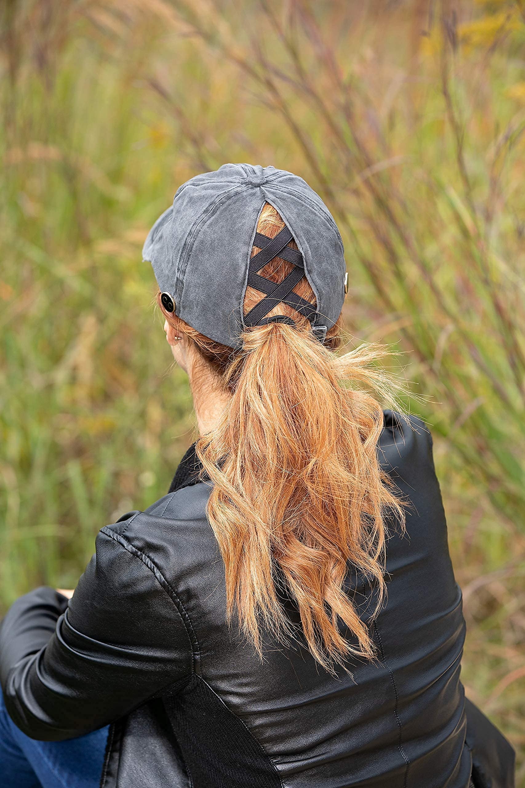 Funky Junque Criss Cross Ponytail Hat w/Buttons - Black