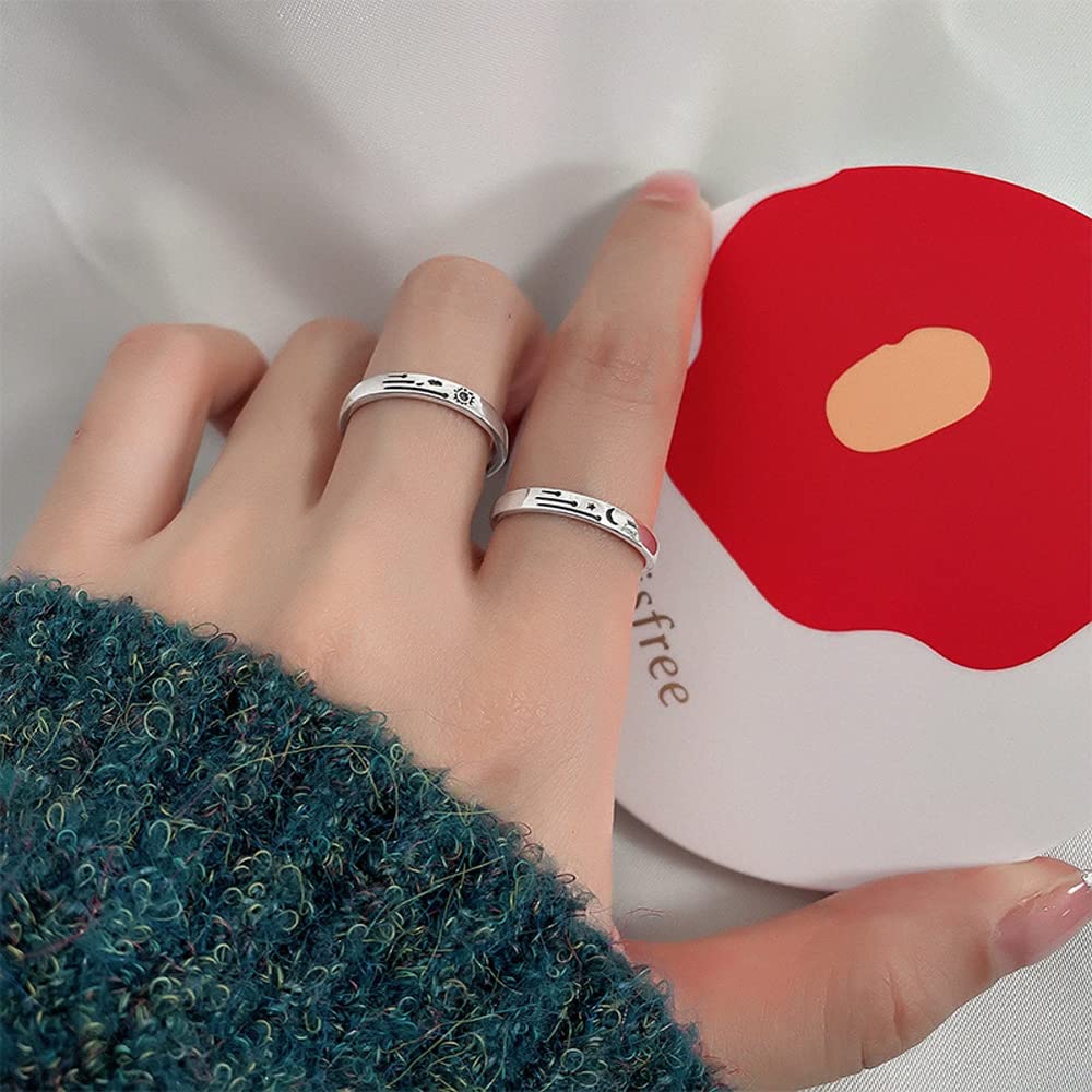 GulCean Sun Moon Rings For Best Friends Couples Adjustable Meteor Design Matching Friendship Rings For Bff Him And Her Set 2pcs Xmas Gift (Silver 3)