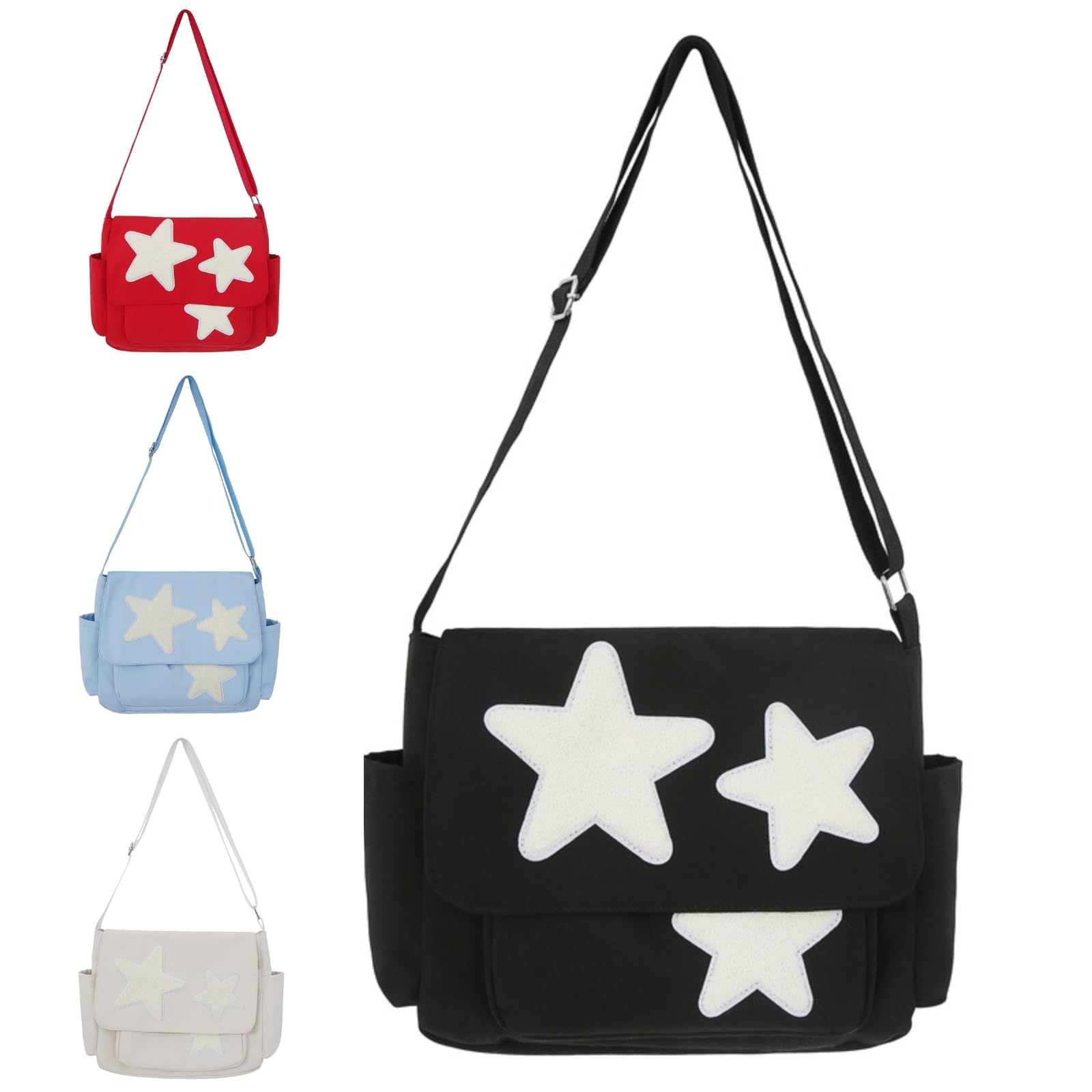 Glittery Star Pattern Y2K Messenger Bag, Stylish Spacious Aesthetic Tote for Travel, Work, and Shopping, Canvas Star Crossbody Hobo Bag (Black)