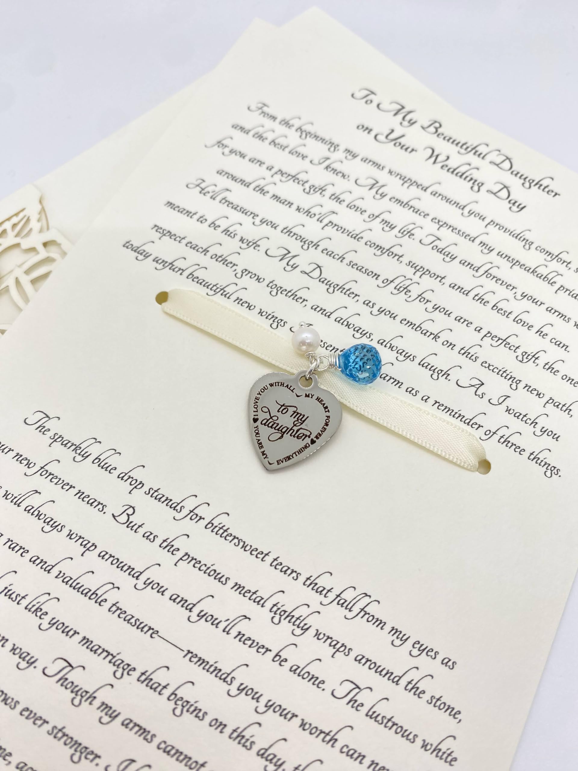 Gift for Daughter on Wedding Day-Bouquet Charm-Something Blue from Mom to Bride BCOW (Azure Blue, Send as Shown/Do not add custom names/date/closing)
