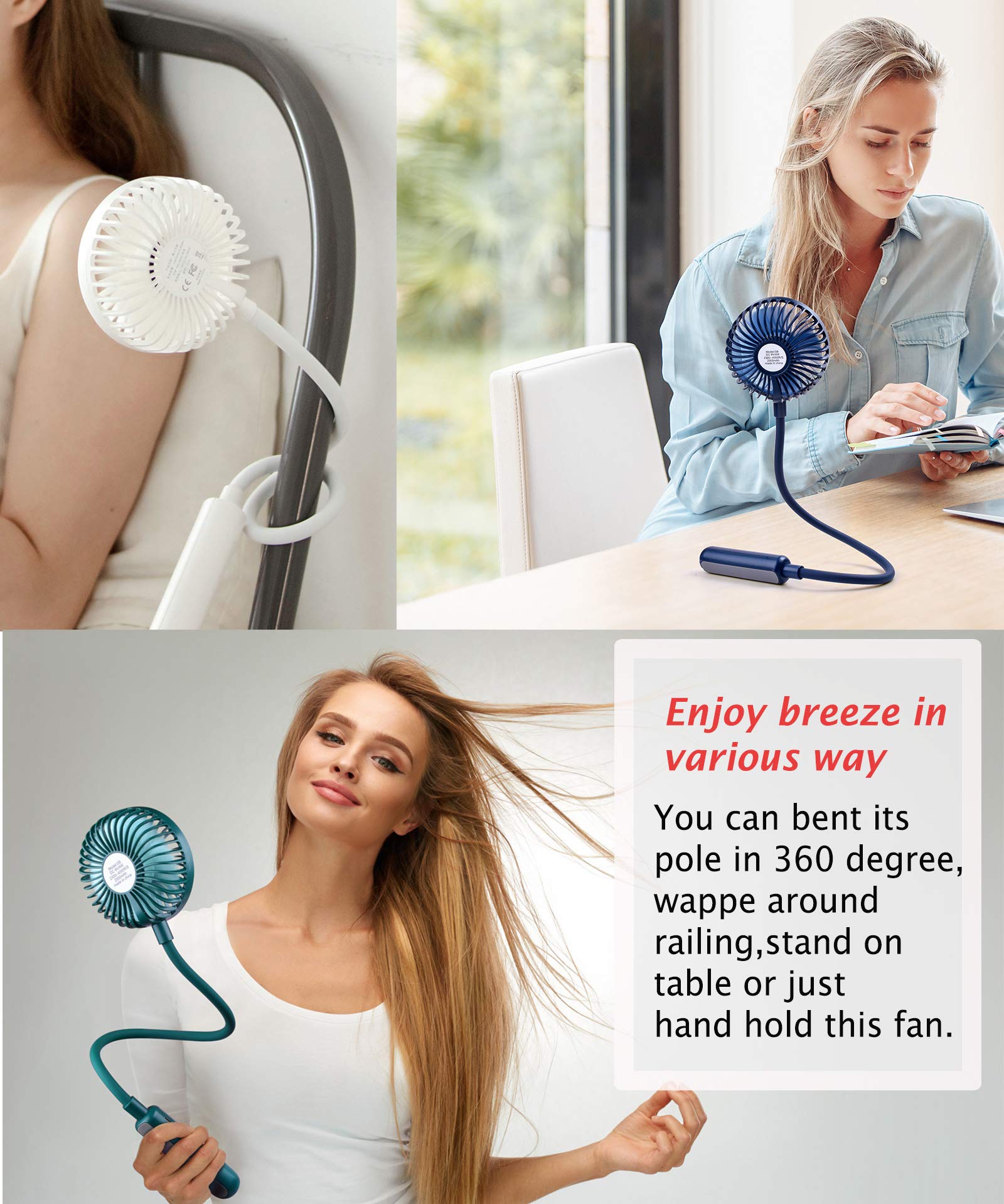 HonHey Handheld Fan Portable Mini,Clip On Fan,Stroller Fans with Rechargeable 1800mAh Battery,Flexible Handlebar,Hands Free Neck Fan,Eyelash Fan for Makeup (Blue)