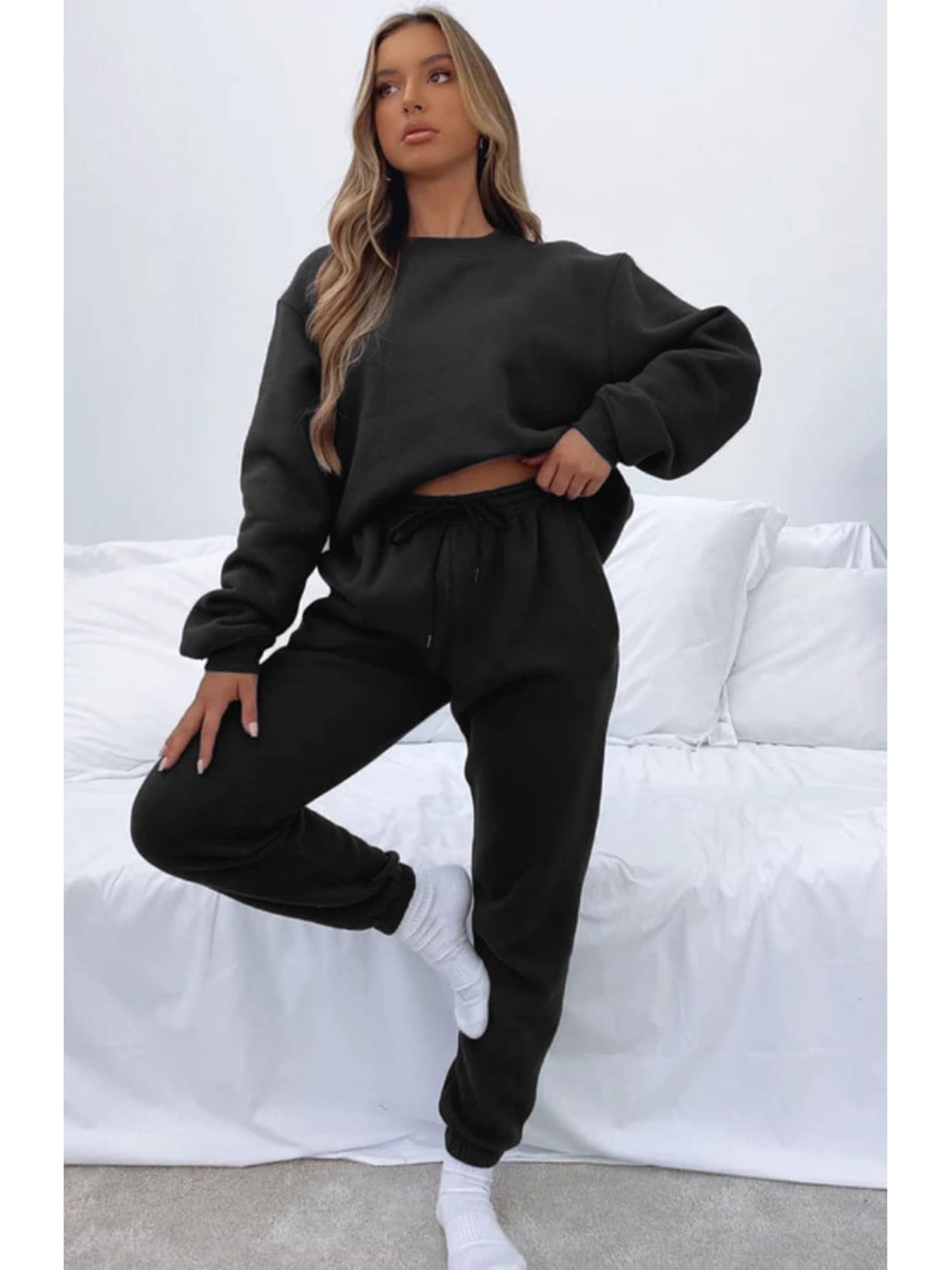 KANSOON Jogger Sets for Women 2 Piece Sweat Suit Casual Solid Color Round Neck Tops Sweatpants Outfits Lounge Set Black XXL