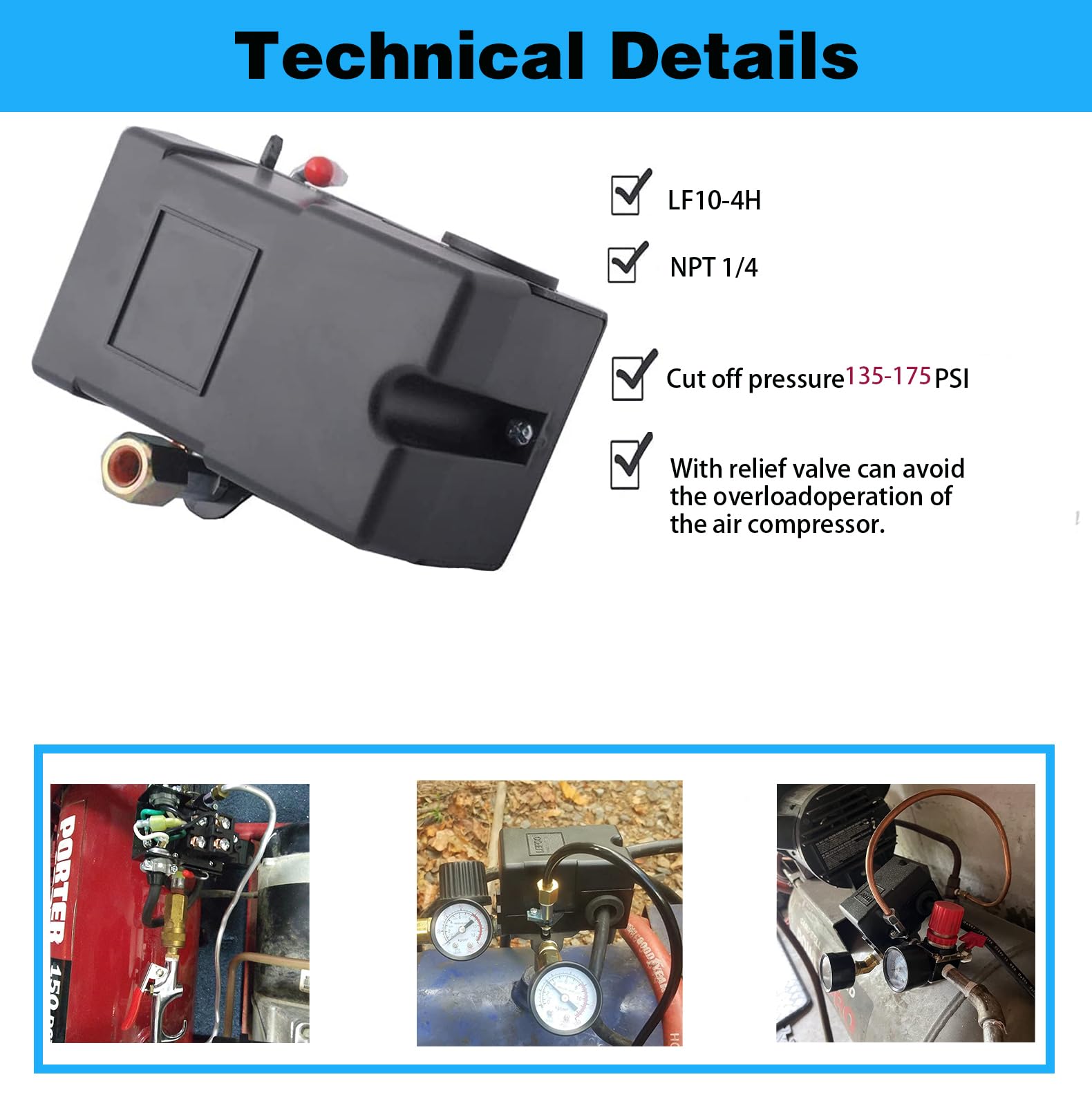 Heavy Duty Pressure Switch for Air Compressor 135-175 psi Four 4 Port 26 Amp
