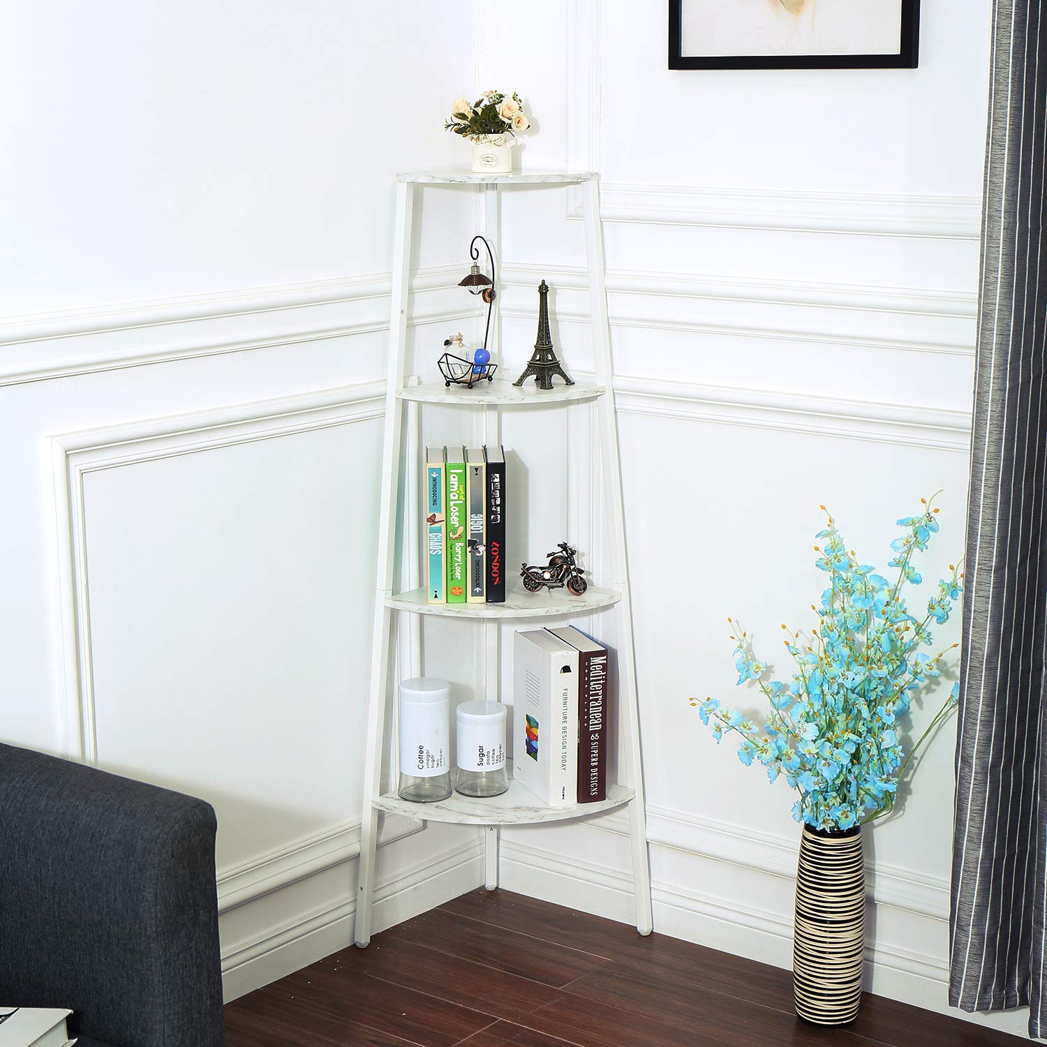 HOME BI 5 Tier Bookshelf Wooden Bookcase, Multifunctional S-Shaped Freestanding Display Shelf Storage Shelving, Modern 5-Tier Wood Cube Book Shelf Organizer with Metal Frame (White, 4 -Tier)