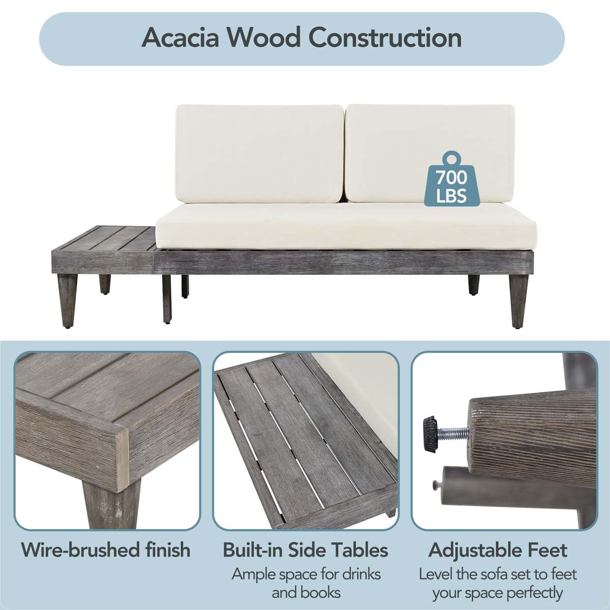 FOURBF 3-Piece Outdoor Patio Furniture Set Solid Wood Sectional Sofa Set with Coffee Table, Patio Conversation Set with Side Table and Cushions, Grey+Beige