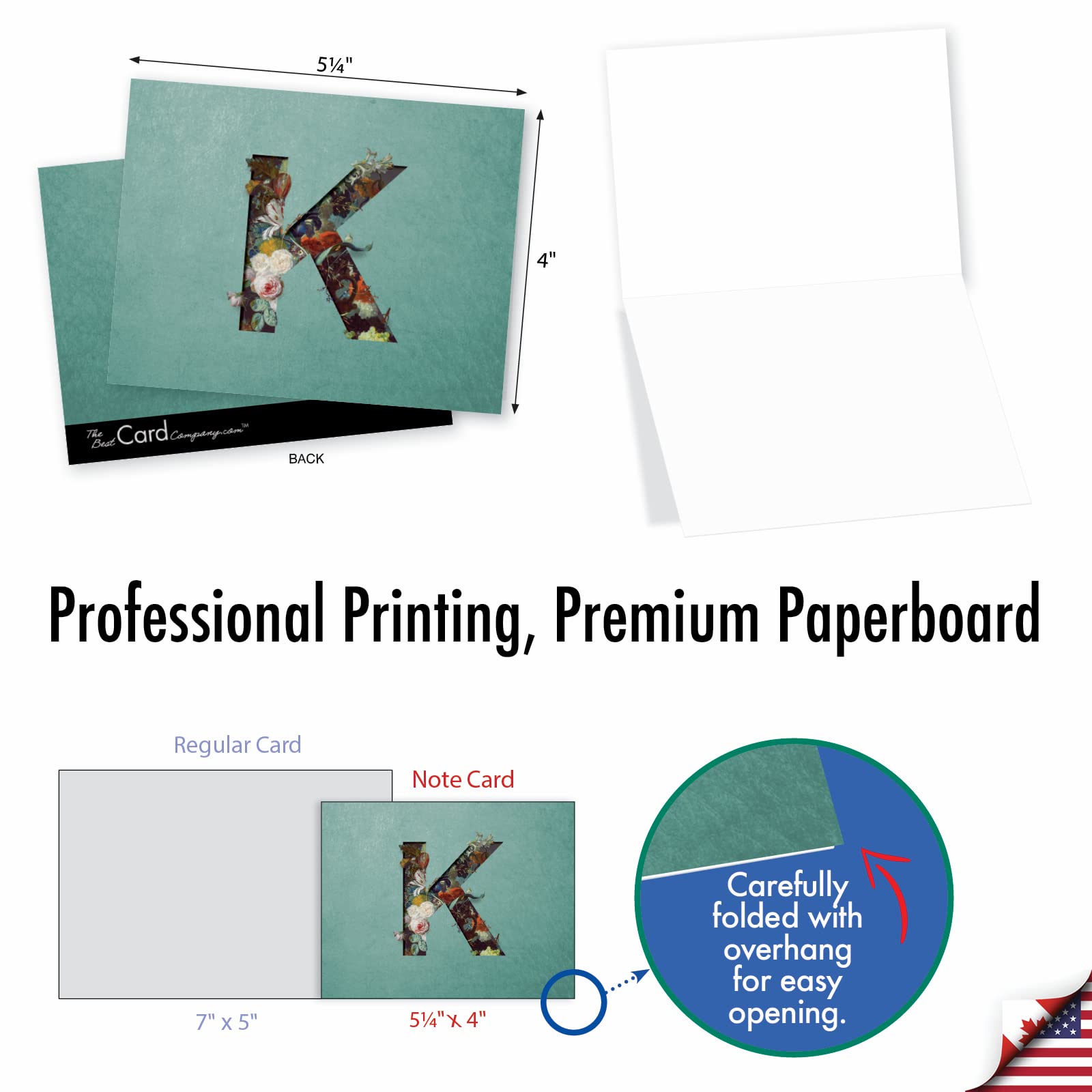 The Best Card Company - 10 Initial Letter βKβ Assorted Blank Notecards Beautiful Flower Personal Stationary 4 x 5.12 Inch, Bulk Variety Pack for Thank You and Notes - Baroque Blooms K M3838OCB-B1x10